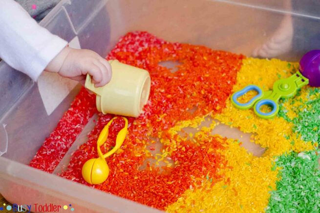 Rainbow Rice Sensory Bin - Busy Toddler