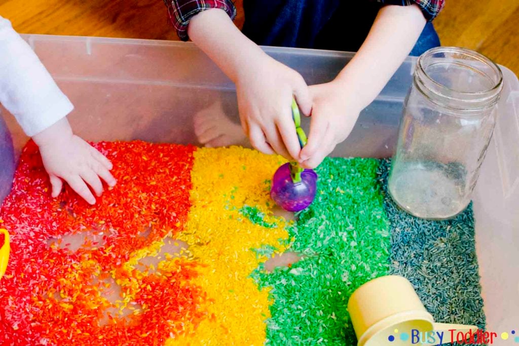 Rainbow Rice Sensory Bin - Busy Toddler
