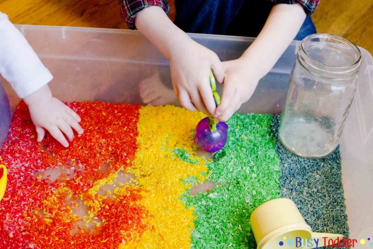 Rainbow Rice Sensory Bin - Busy Toddler