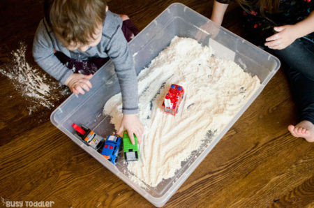 Flour Trucks: Easy Toddler Sensory Bin - Busy Toddler