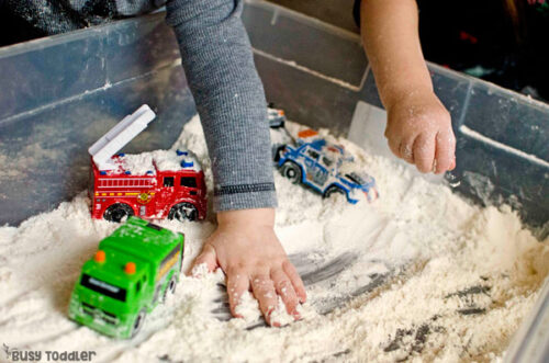 Flour Trucks: Easy Toddler Sensory Bin - Busy Toddler