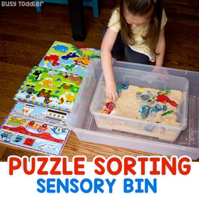 Puzzle Sorting Sensory Bin - Busy Toddler