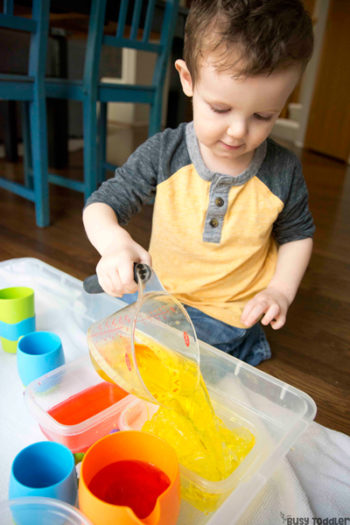 Pouring Skills: Make an Indoor Pouring Station - Busy Toddler