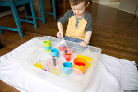 Pouring Skills: Make an Indoor Pouring Station - Busy Toddler