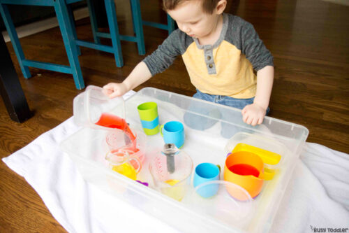 Pouring Skills: Make an Indoor Pouring Station - Busy Toddler
