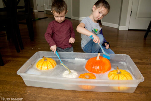Clean the Pumpkins Fall Toddler Activity - Busy Toddler