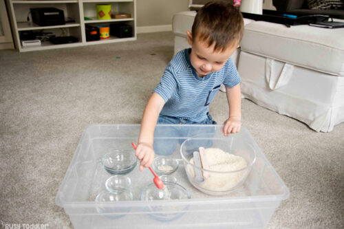 Rice Bin Toddler Activity: Scoop and Transfer - Busy Toddler