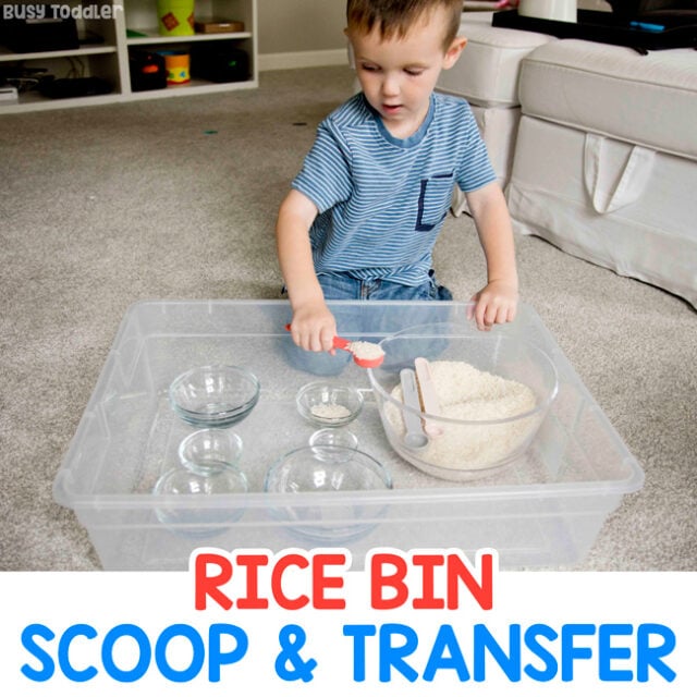 Rice Bin Toddler Activity: Scoop and Transfer - Busy Toddler