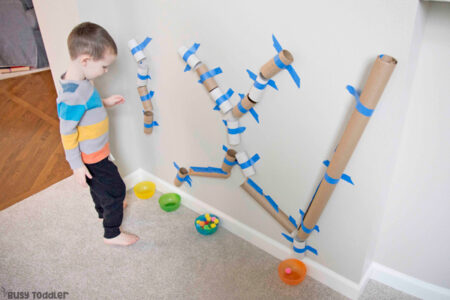Pom Pom Tube Ramp Easy Activity - Busy Toddler