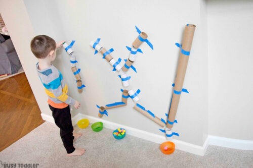Pom Pom Tube Ramp Easy Activity - Busy Toddler