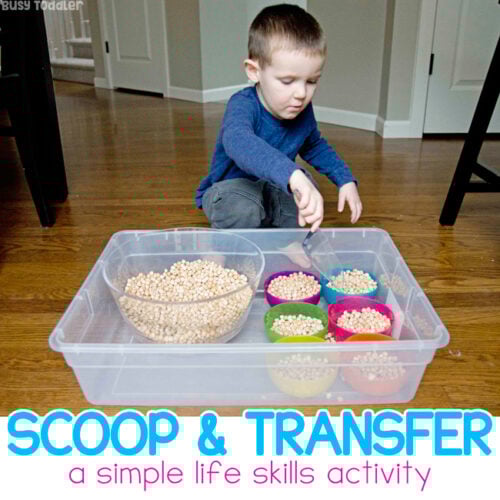 Toddler Scooping Activity with Garbanzo Beans - Busy Toddler
