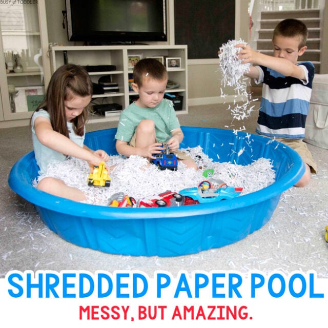 Shredded Paper Sensory Bin Activity - Busy Toddler