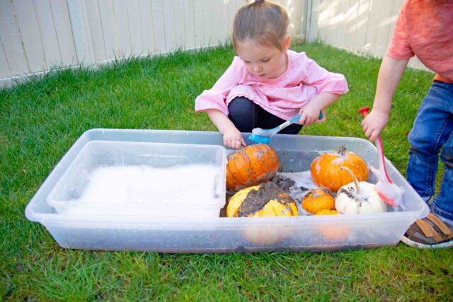 Pumpkin Washing Station: Easy Fall Activity - Busy Toddler