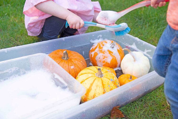 Pumpkin Washing Station: Easy Fall Activity - Busy Toddler