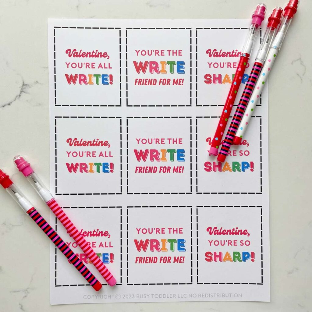 Printable Valentine Cards with Pencils - Busy Toddler