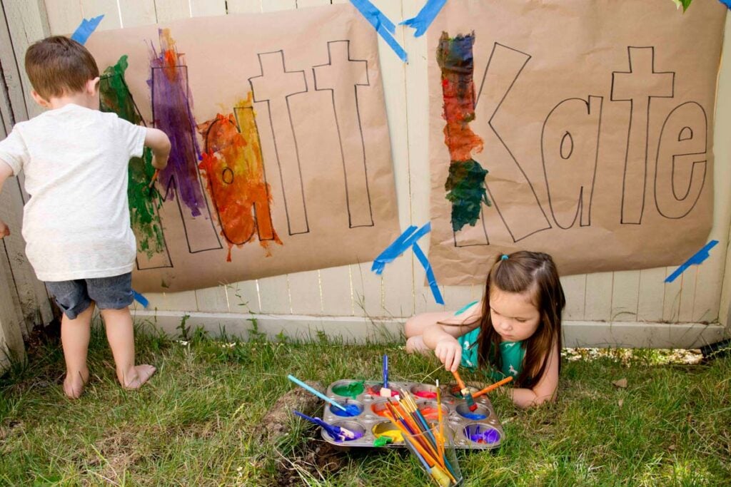 Outdoor Name Art Painting Activity for Kids - Busy Toddler