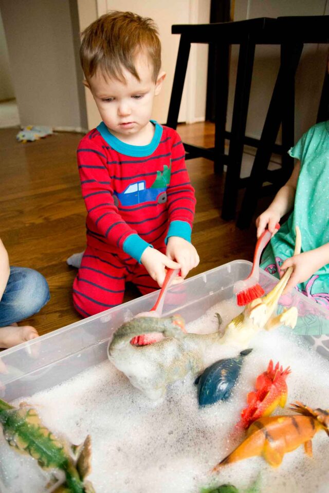 Dinosaur Bath Sensory Activity - Busy Toddler