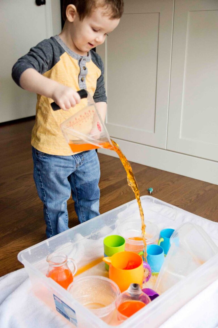 Pouring Skills: Make an Indoor Pouring Station - Busy Toddler