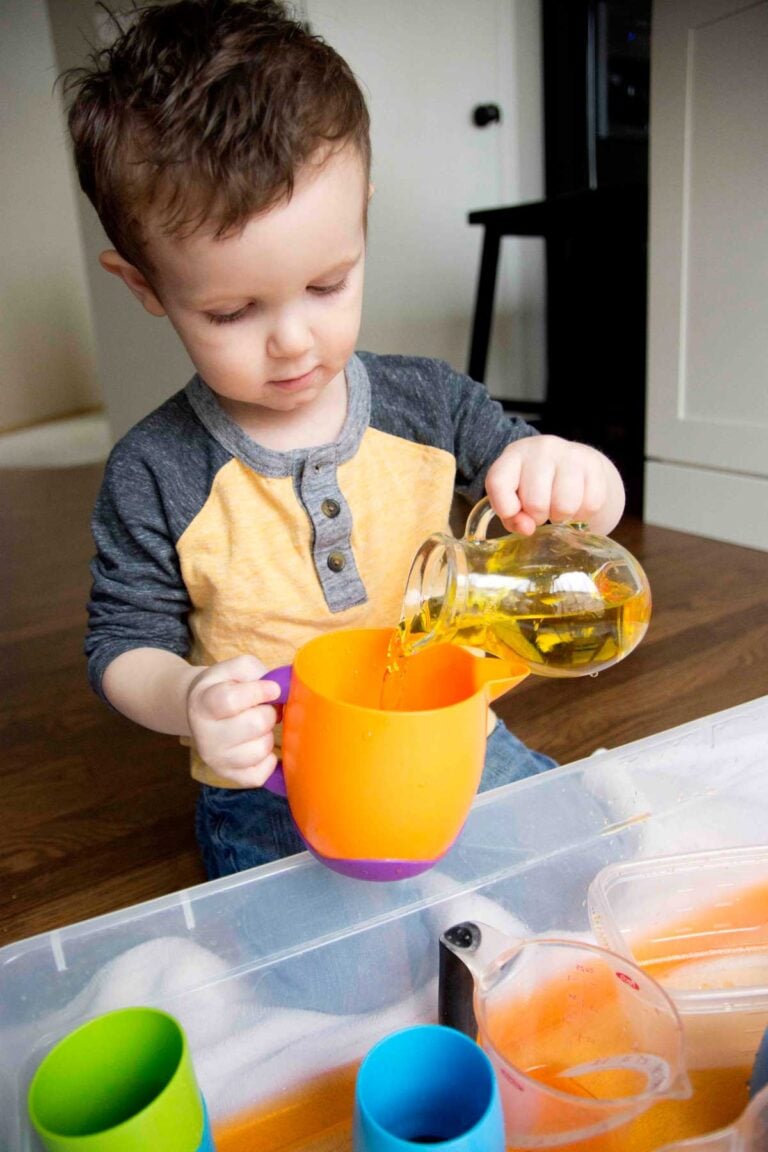 Pouring Skills: Make an Indoor Pouring Station - Busy Toddler